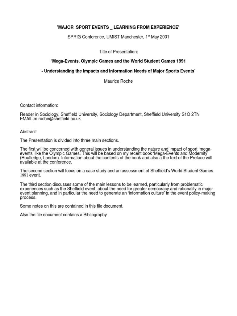 Maurice Roche - Mega Events | PDF | Olympic Games | Sociology