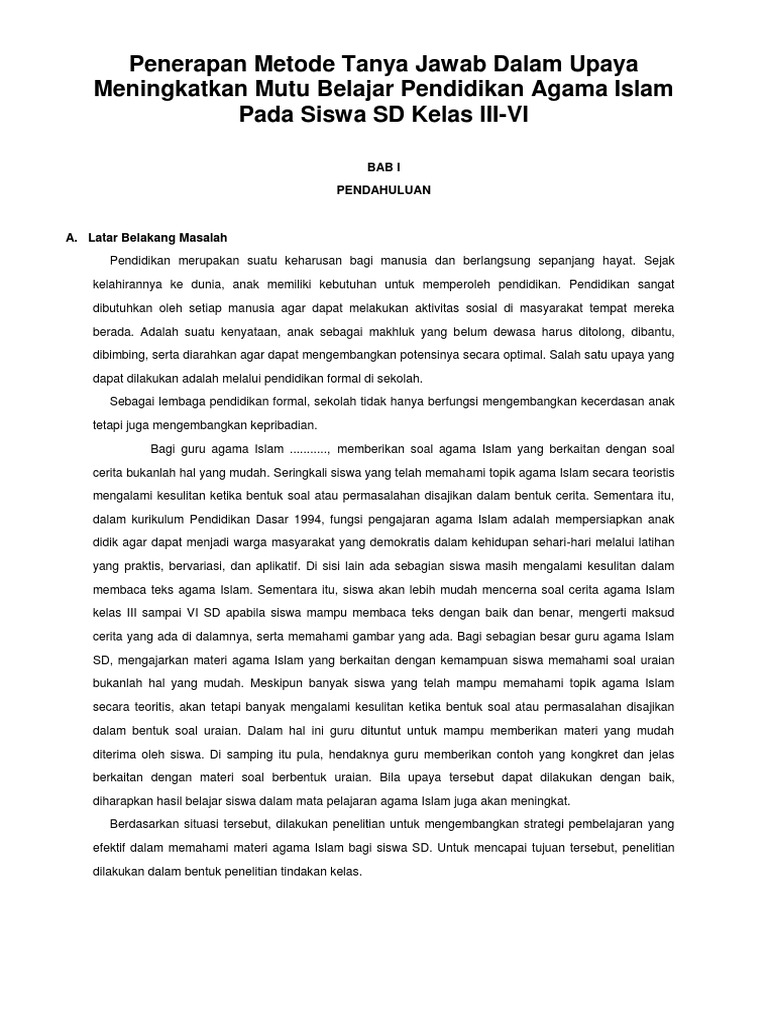 Penerapan Metode Tanya Jawab Dalam Upaya Meningkatkan Mutu Belajar Pendidikan Agama Islam Pada ...