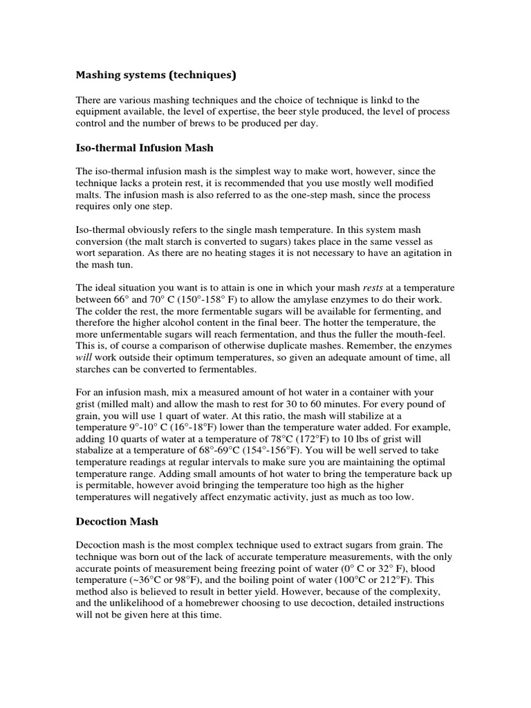 Iso-Thermal Infusion Mash: Mashing Systems (Techniques) | PDF | Brewing ...