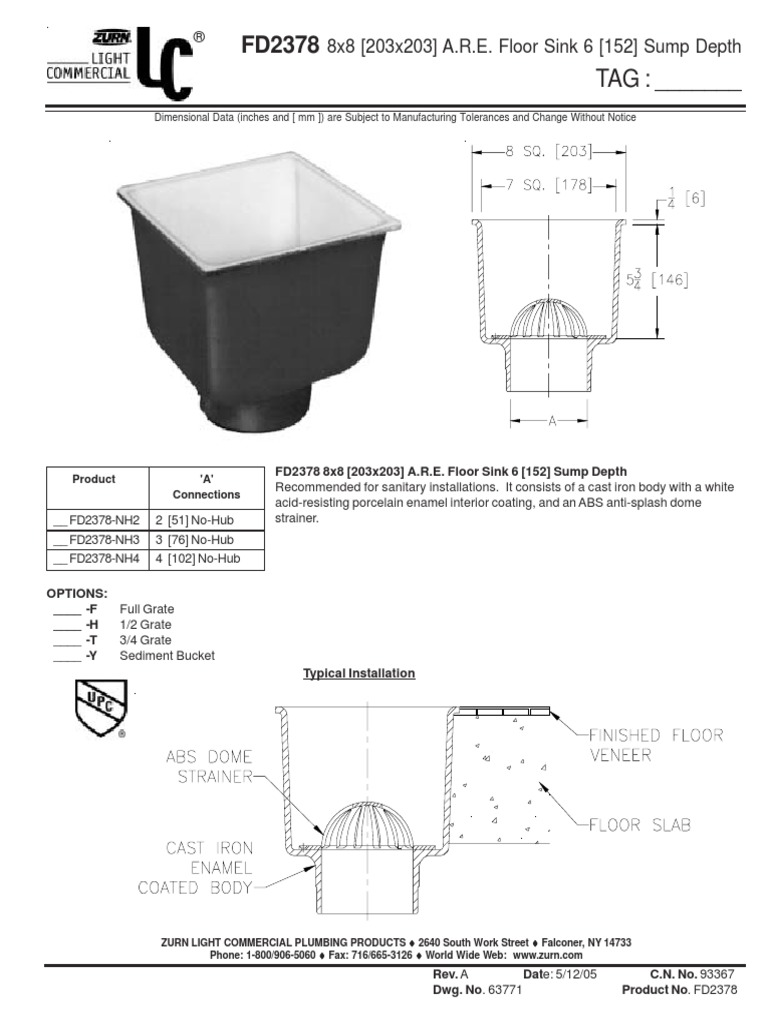 8x8 (203x203) A.R.E. Floor Sink 6 (152) Sump Depth | PDF