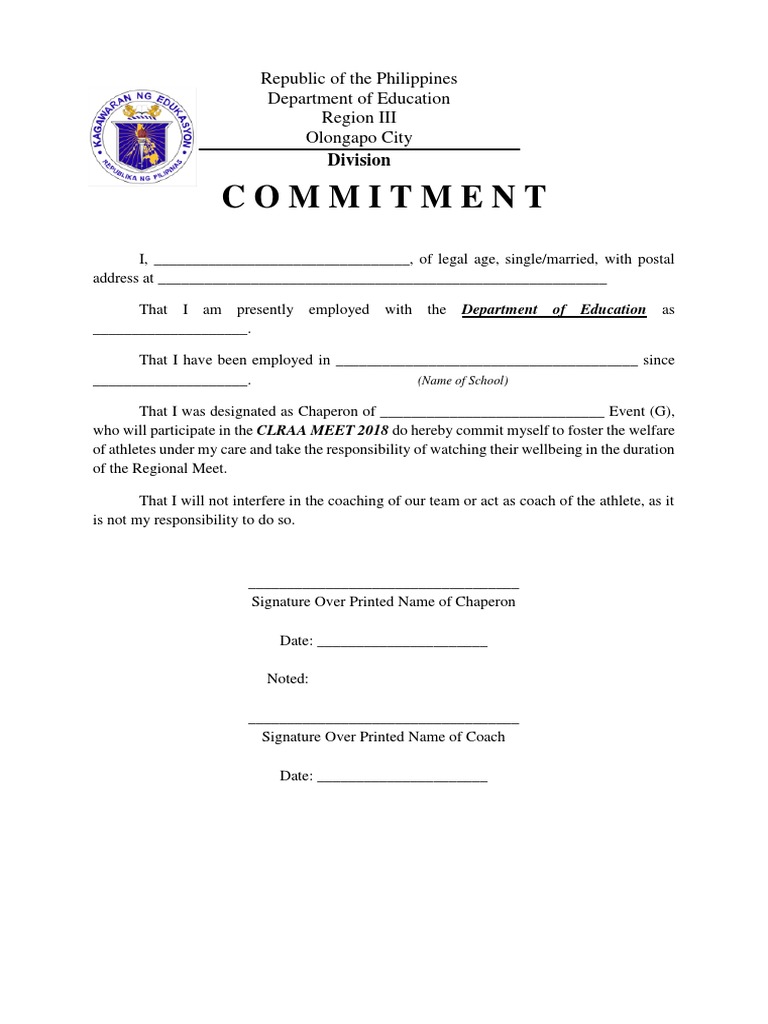 Commitment: Republic of The Philippines Department of Education Region ...