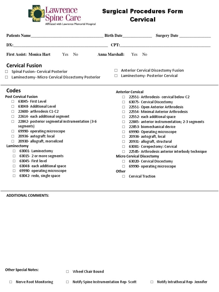 Cervical Surgical Form | PDF | Medical Procedures | Surgical Specialties