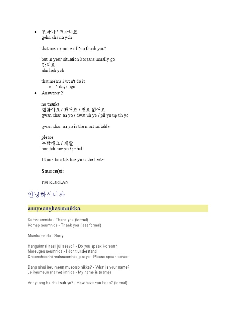 Korean Phrases for Polite Refusals | PDF