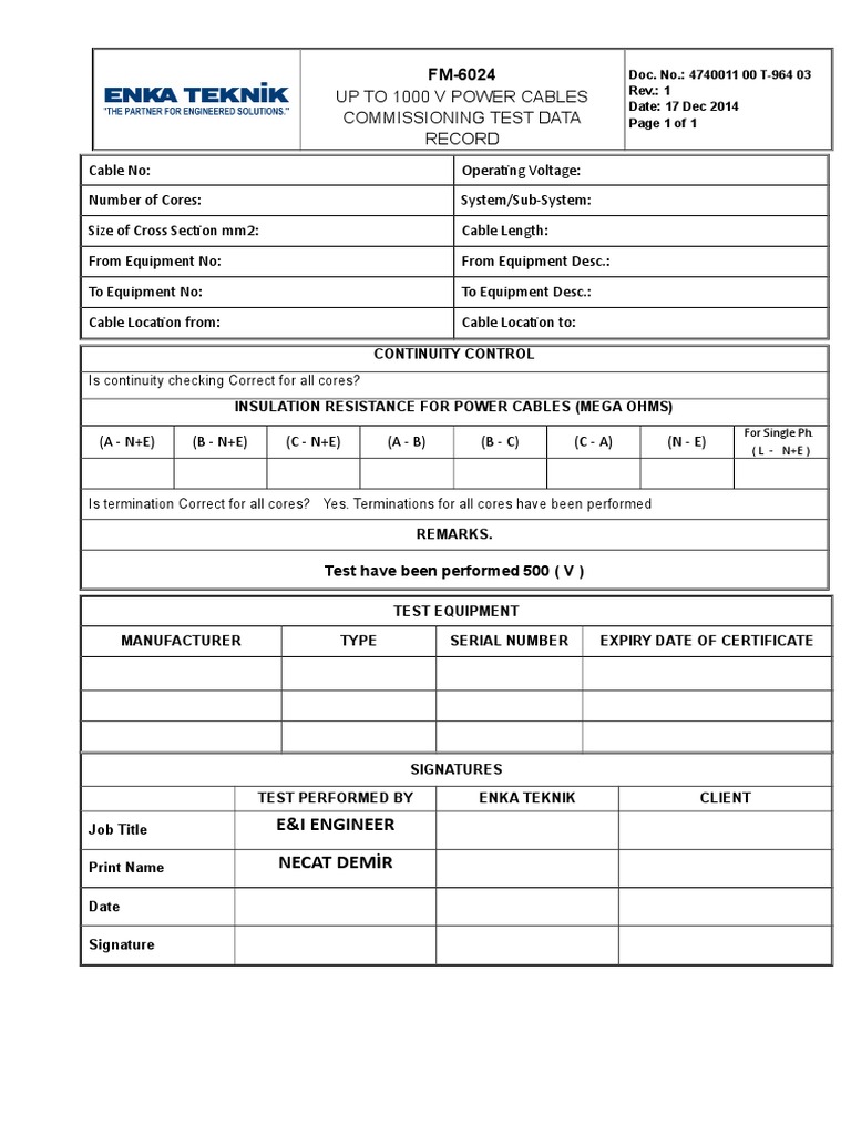 Commissioning Test Data Record for 1000V Power Cables | PDF