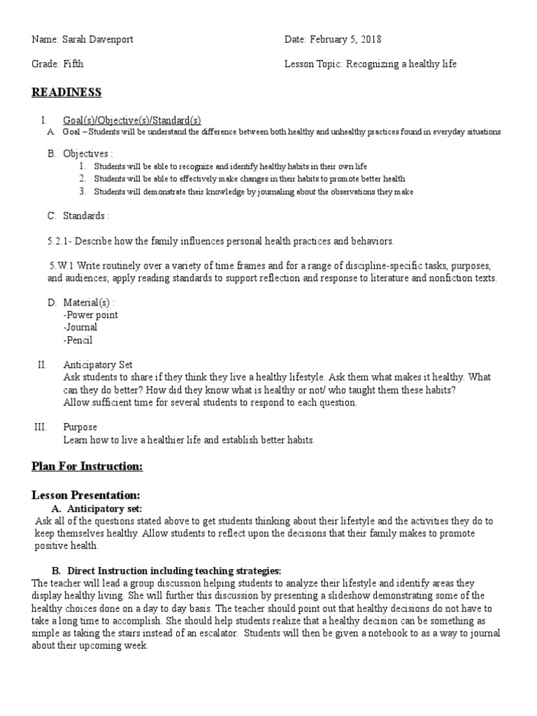 Health 5th Grade Lesson Plan | PDF | Teachers | Lesson Plan