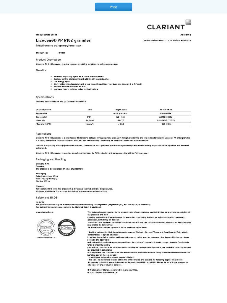 Metallocene PP 6102 Wax | PDF | Wax | Polyethylene