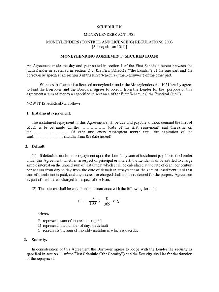 Moneylending Agreement (Secured Loan) | PDF | Loans | Interest