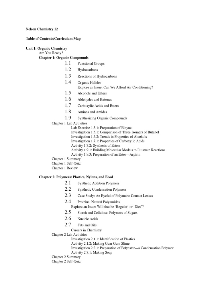 Nelson Chemistry 12 Kunu Table of Contents | PDF | Chemical Equilibrium ...