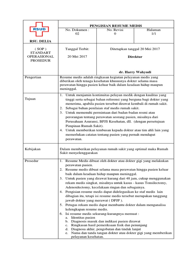 SOP Pengisian Resume Medis RSU Delia | PDF
