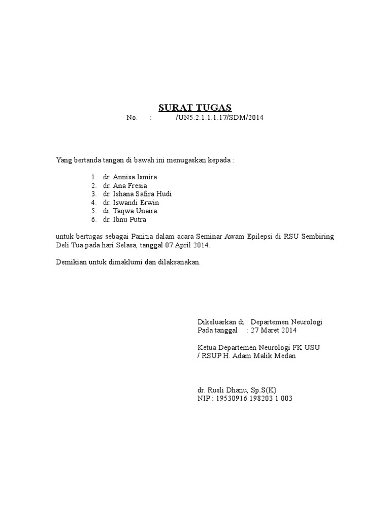 SURAT TUGAS PPDS Seminar Awam Epilepsi Di RS Sembiring | PDF