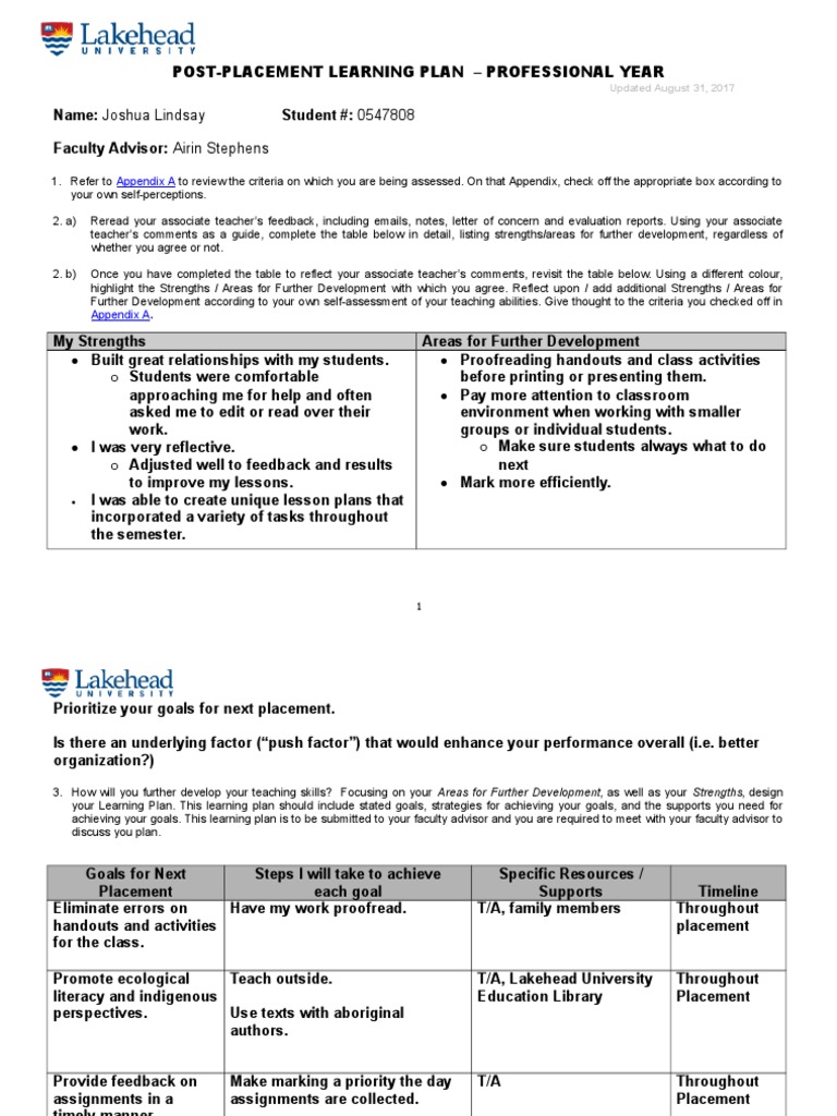 Post Placement Learning Plan Professional Year | PDF | Lesson Plan ...