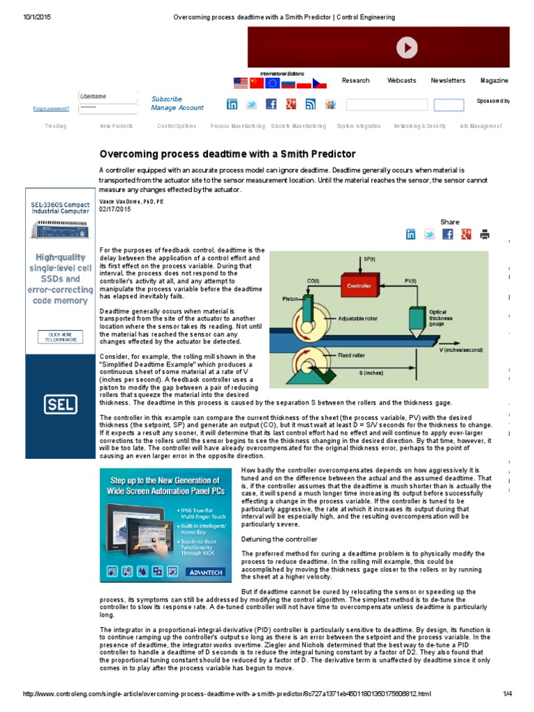 Overcoming Process Deadtime With A Smith Predictor - Control Engineering | PDF | Control Theory ...