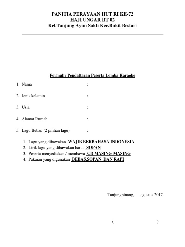Formulir Pendaftaran Peserta Lomba Karaoke | PDF