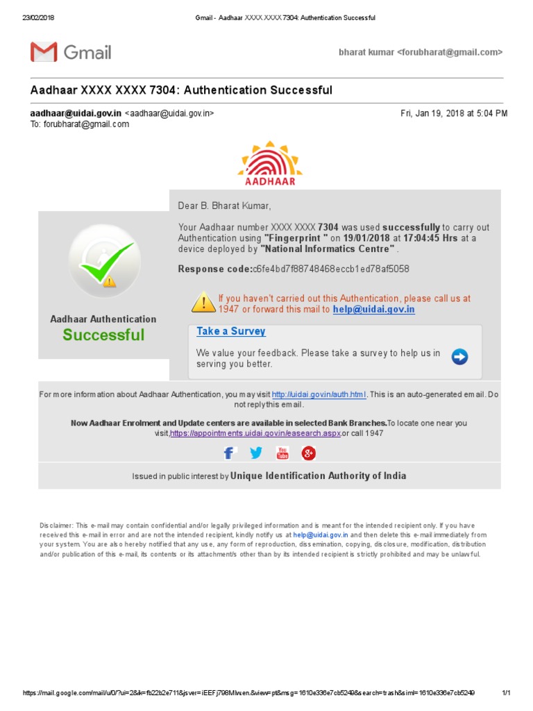 Gmail - Aadhaar XXXX XXXX 7304 - Authentication Successful | PDF | Gmail | Authentication