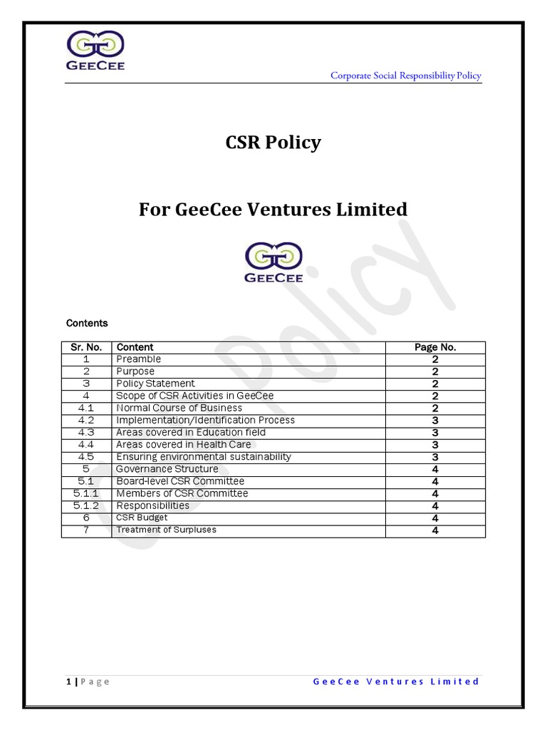 Corporate Social Responsibility Policy 74 | PDF | Corporate Social ...