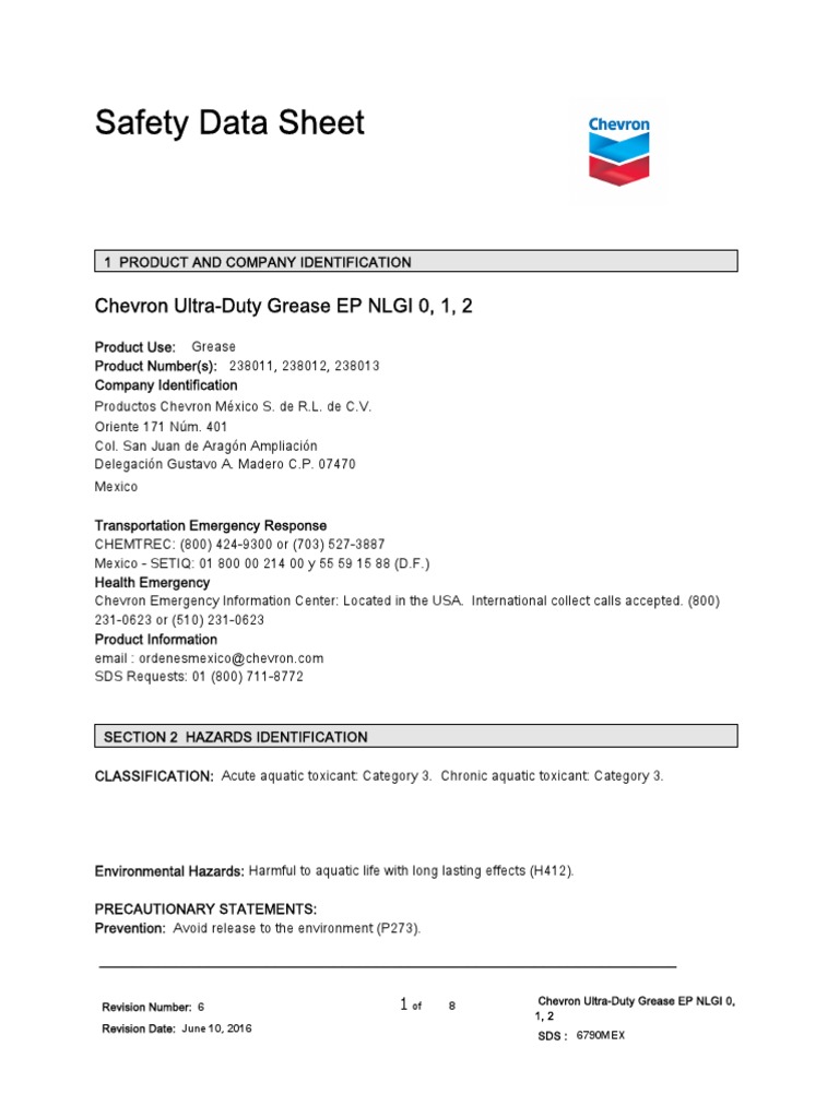 Safety Data Sheet: Chevron Ultra-Duty Grease EP NLGI 0, 1, 2 | PDF ...