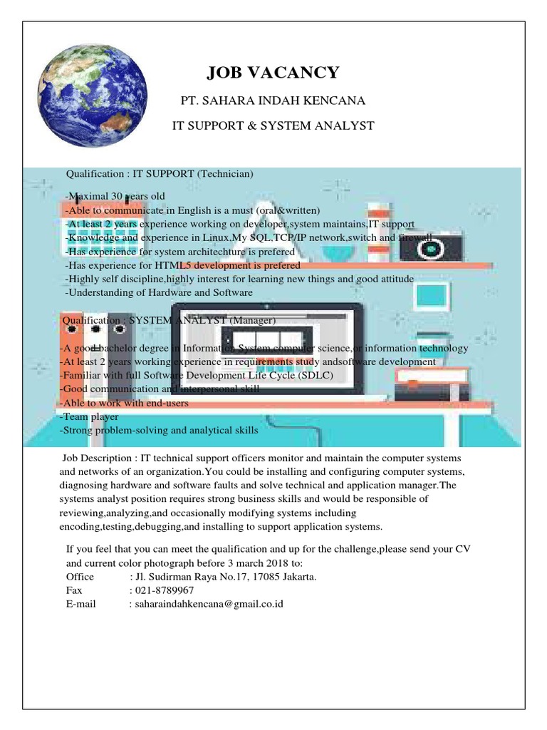 Job Vacancy: Pt. Sahara Indah Kencana It Support & System Analyst | PDF ...