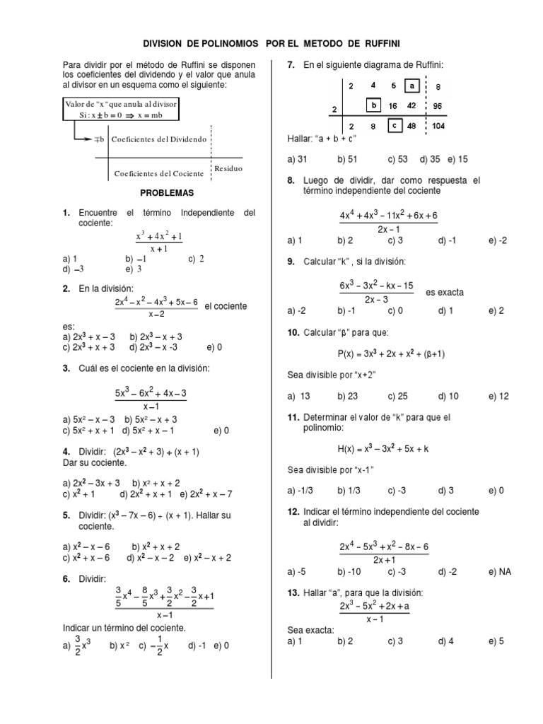 Division de Polinomios Por El Metodo de Ruffini | PDF | División ...