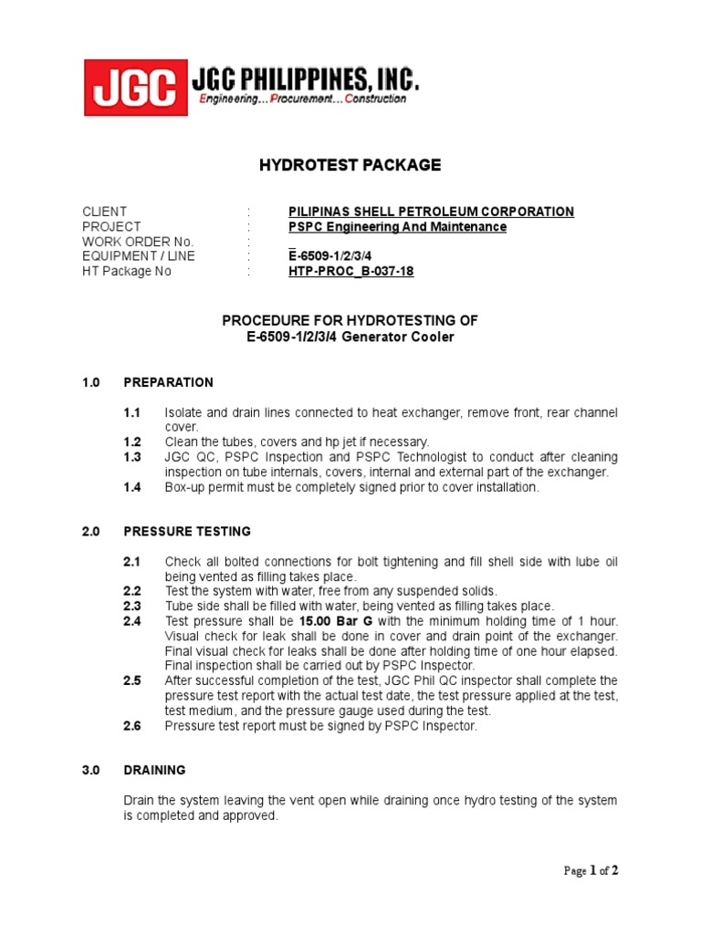 Hydrotest Package | Download Free PDF | Leak | Heat Exchanger