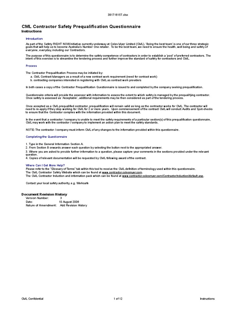 CML Contractor Safety Prequalification Questionnaire | PDF ...