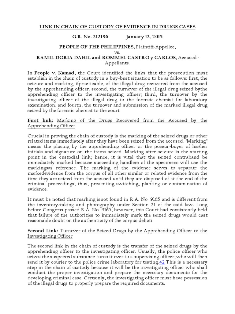 Link in Chain of Custody of Evidence in Drugs Cases | PDF | Forensic ...