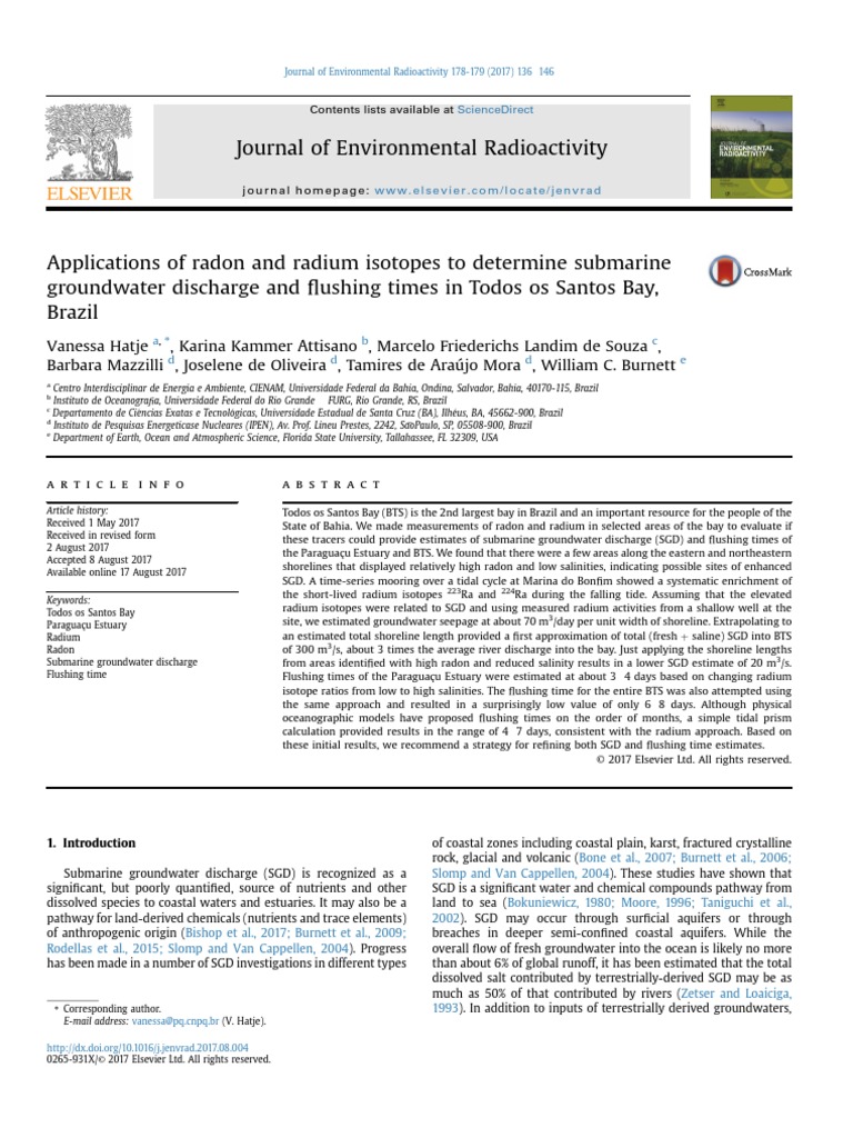 Applications of Radon and Radium Isotopes To Determine 2017 Journal of ...