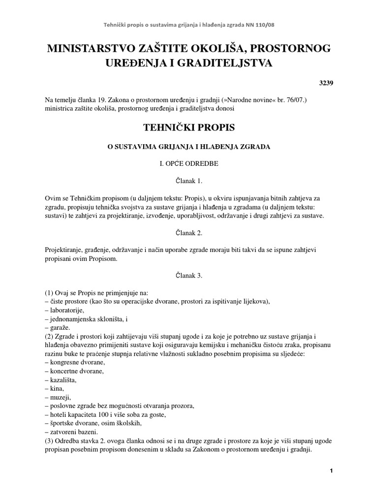 Tehnicki Propis o Sustavima Grijanja I Hladjenja Zgrada NN 110 - 08 | PDF