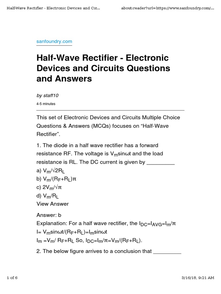 Questions & Answers On Application of Diodes | PDF | Rectifier | Electronic Filter