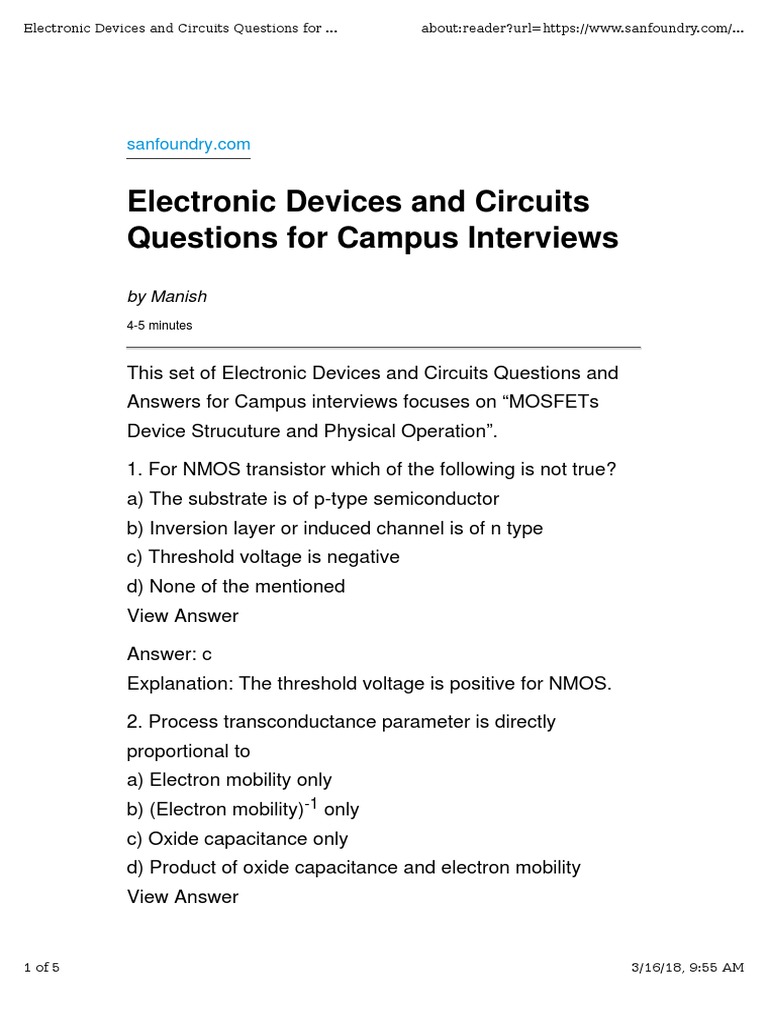 Questions On MOS Field Effect Transistors (MOSFETs) | PDF | Field ...