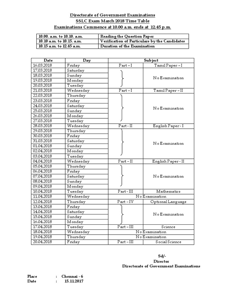 SSLC March2018 Timetable | PDF | Test/Examination