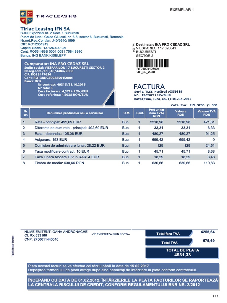 Factura: Tiriac Leasing IFN SA | PDF