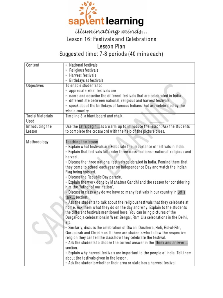 Festivals and Celebrations Lesson Plan | PDF | Lesson Plan