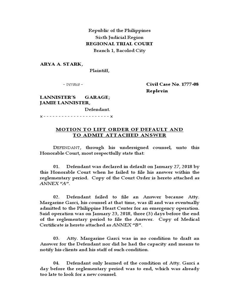 Motion To Lift Default Order | PDF | Lawsuit | Separation Of Powers