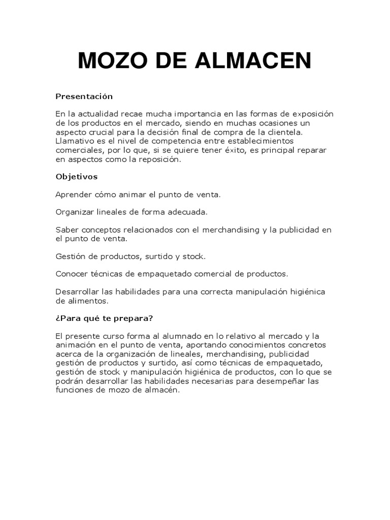 Curso de Mozo de Almacen | PDF | Supermercado | Análisis de Riesgo y Puntos Críticos de Control