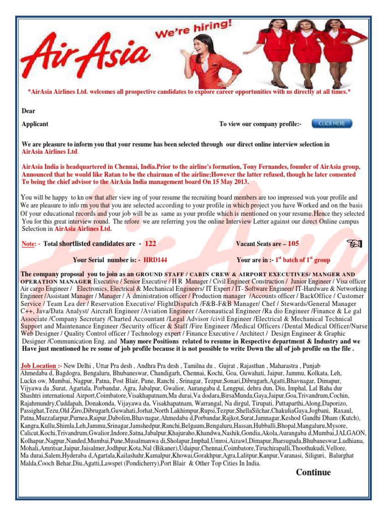 AirAsia Interview Letter | PDF | Business