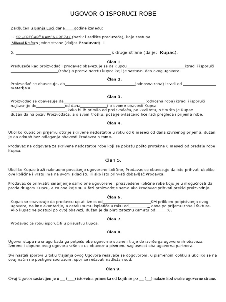 Ugovor Isporuka Robe | PDF