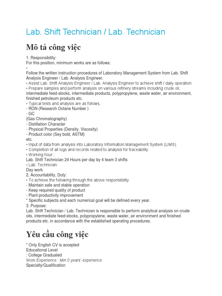 Lab. Shift Technician | PDF