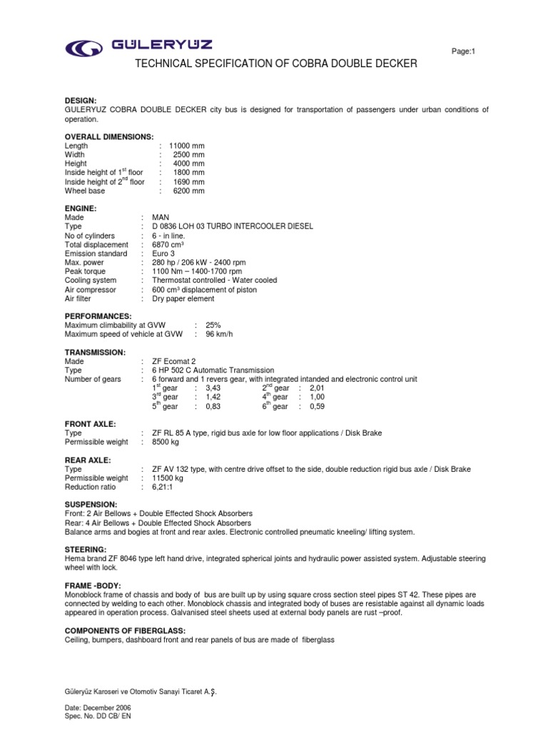 Technical Specification of Cobra Double Decker: Design | PDF ...