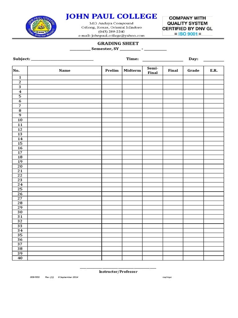 Teacher Grading Sheet Template | PDF
