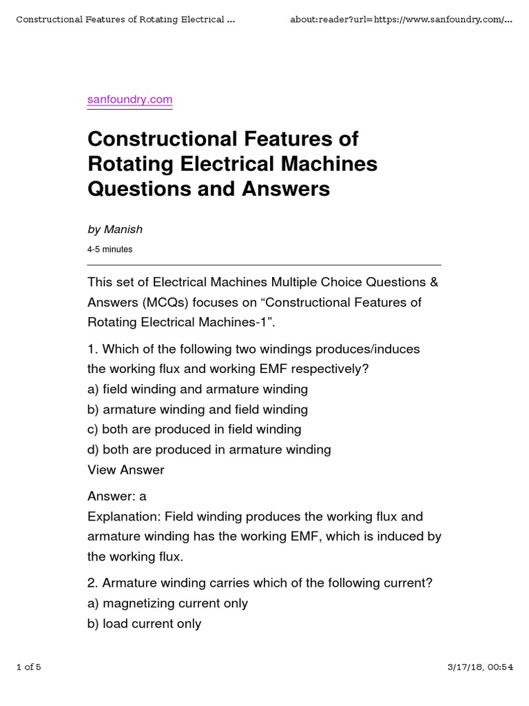 Rotating Electrical Machines MCQs | PDF | Magnetism | Electric Power