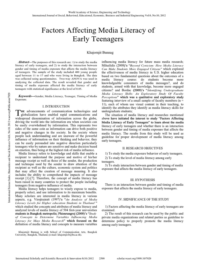 Factors Affecting Media Literacy of Early Teenagers | PDF | Adolescence ...