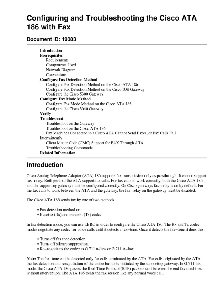 Configuring and Troubleshooting The Cisco ATA 186 With Fax: Document ID ...