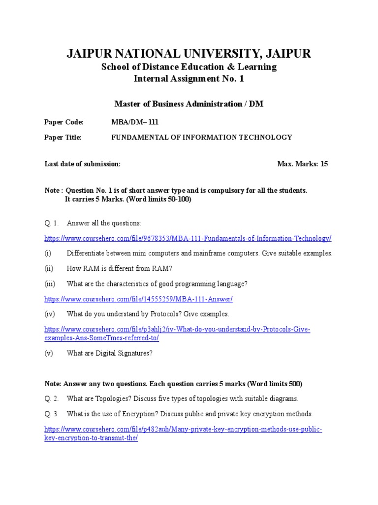Jaipur National University, Jaipur: School of Distance Education & Learning Internal Assignment ...