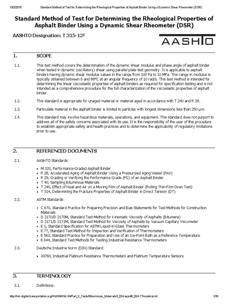 AASHTO T315-12 Standard Method of Test For Determining The Rheological ...