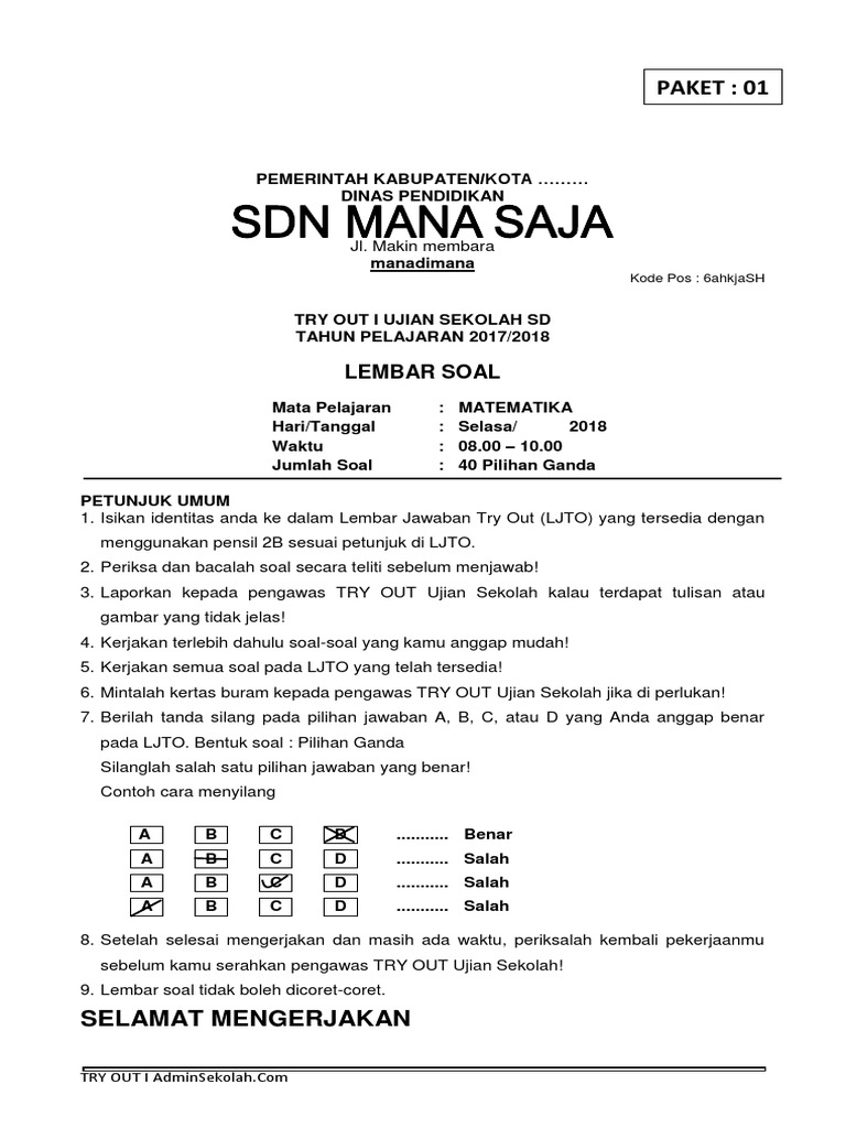 Soal Try Out Matematika SD | PDF
