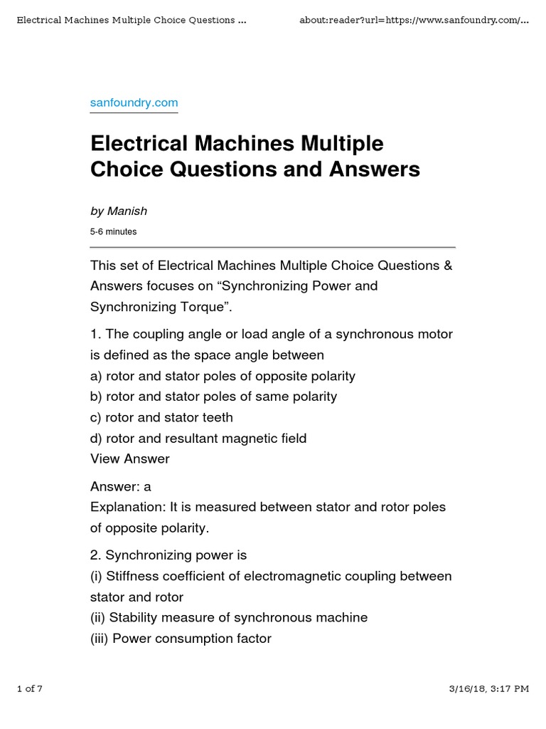 Questions & Answers On Synchronous Machine Stability | PDF | Propulsion ...