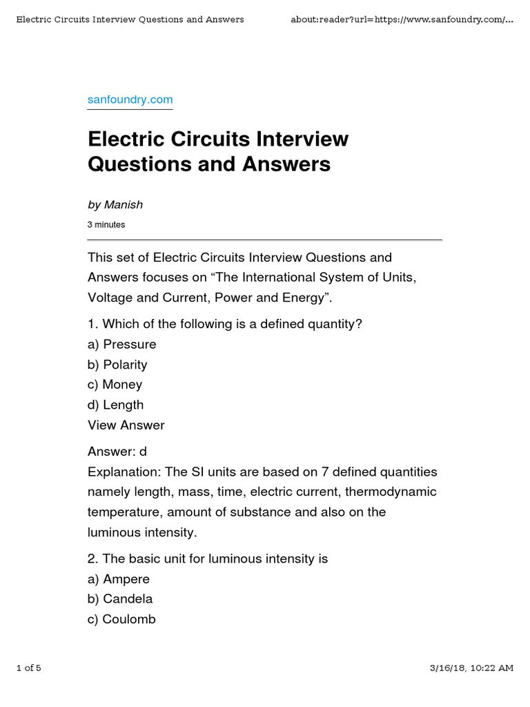 Questions & Answers On Circuit Variables and Elements | PDF | Electrical Network | Electric Current
