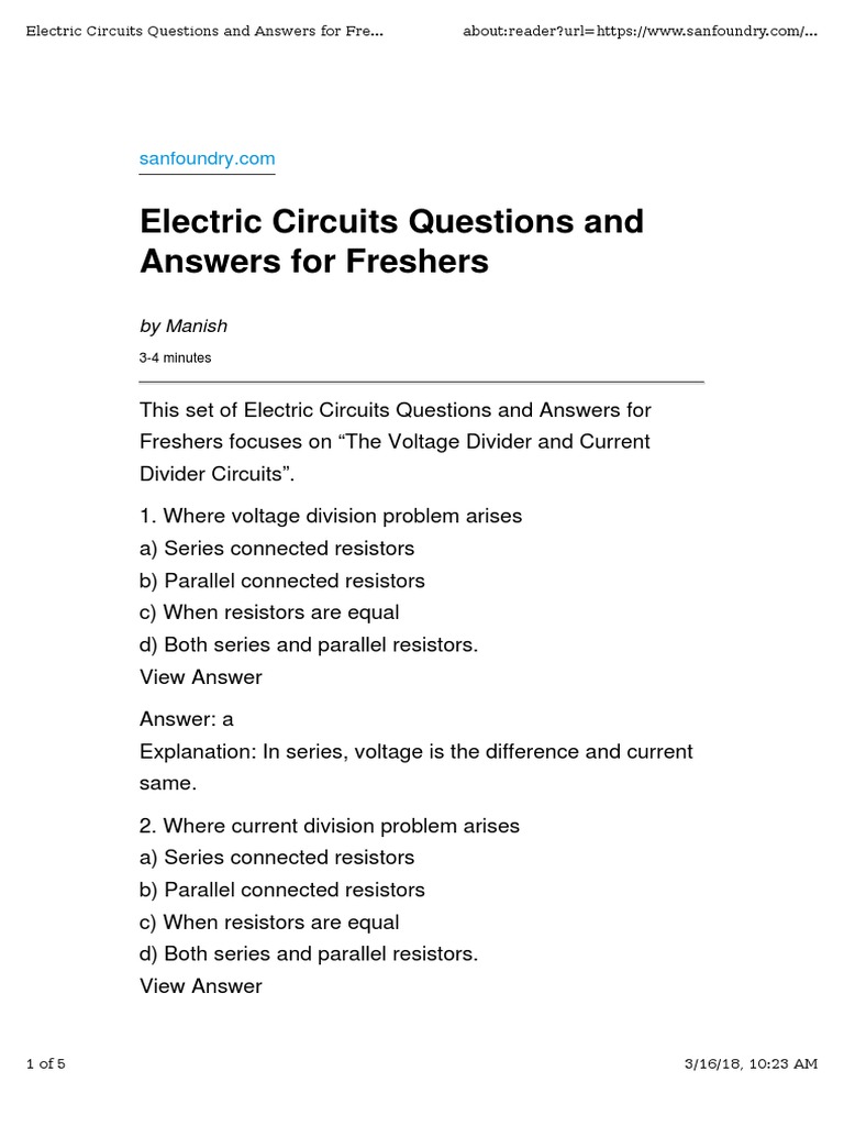 Questions On Simple Resistive Circuits Download Free Pdf Series And