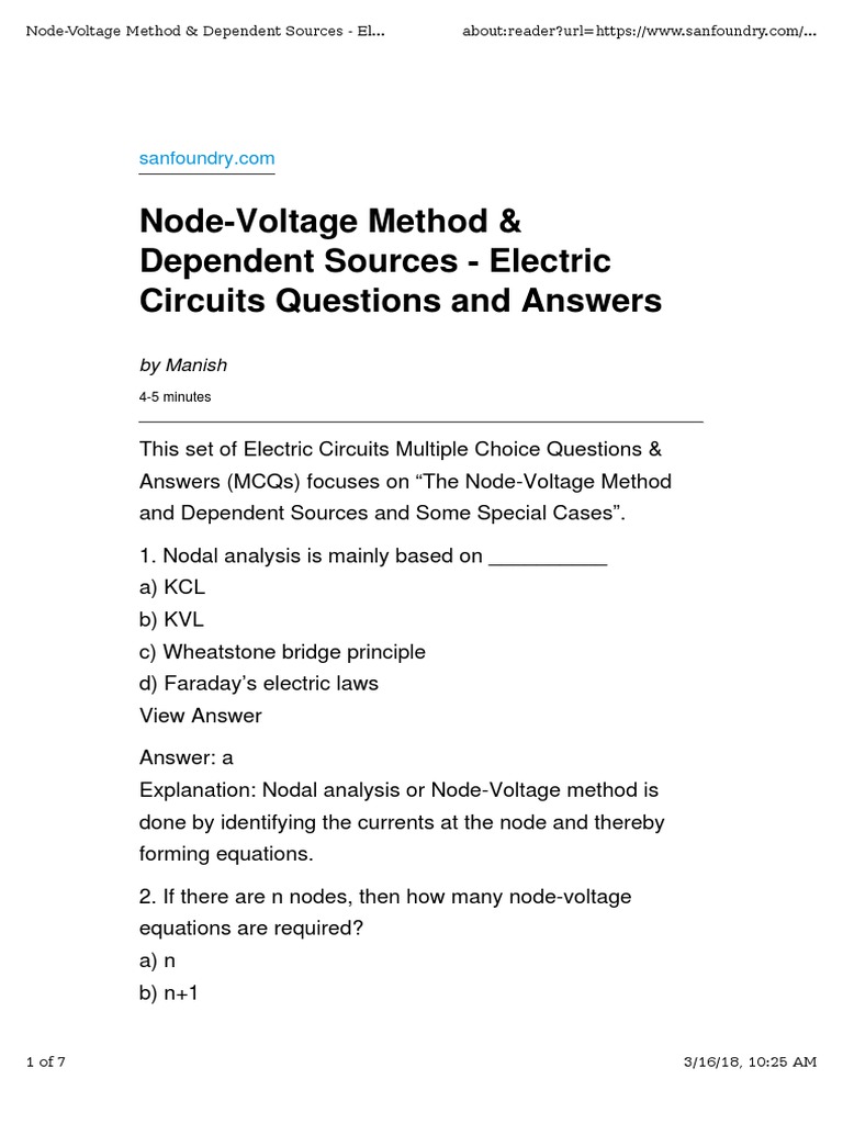 Questions & Answers On Techniques of Circuit Analysis | PDF ...
