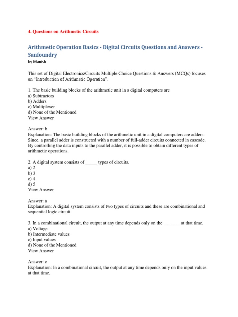 Questions On Arithmetic Circuits | PDF | Subtraction | Logic Gate